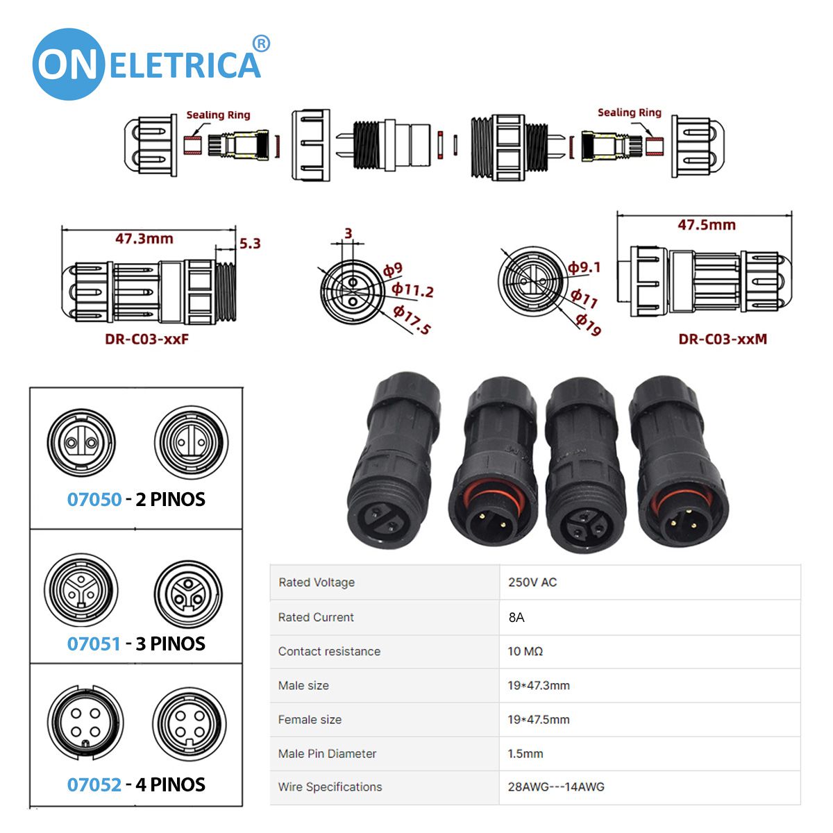 Conector 4 Pinos PD1 Impermeável Conjunto Macho e Fêmea - ON ELETRICA ...