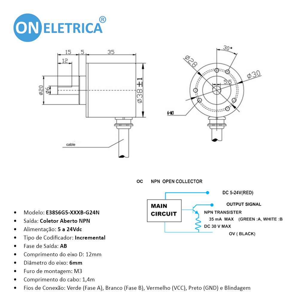 Encoder Incremental 600 Pulsos eixo 6mm Fases AB 5 a 24V NPN - ON ...