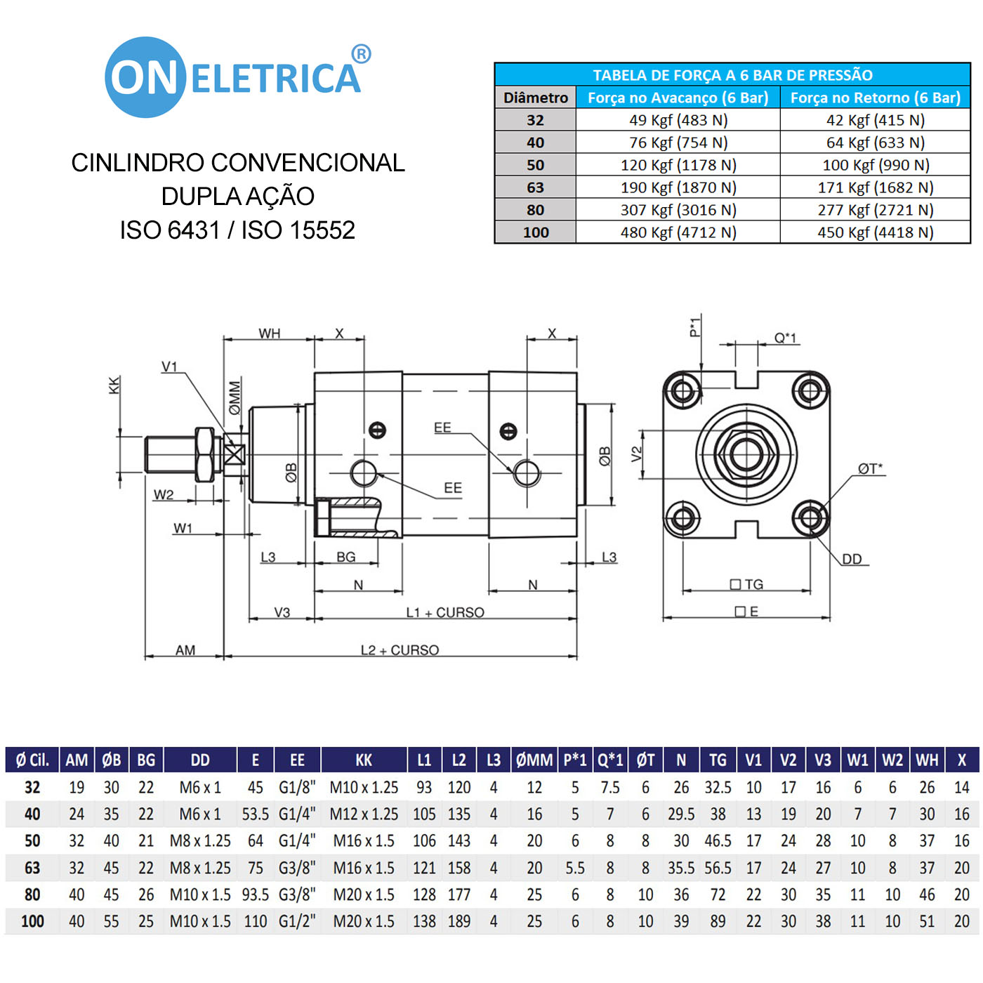 Cilindro Pneumático Ø40 mm x 50 mm Curso Dupla Ação ISO 6431 - ON ...