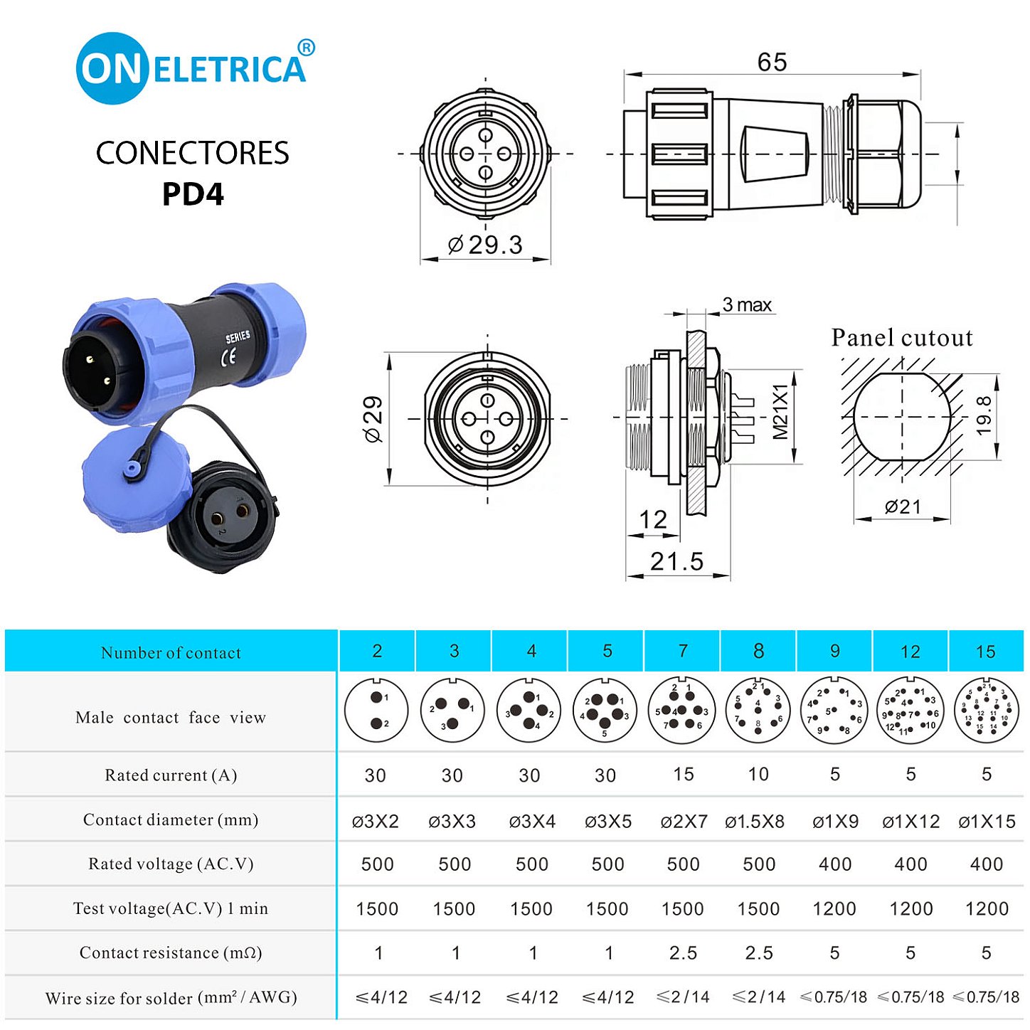 Conector 4 Pinos PD4 Impermeavel IP68 Macho e Femea Painel - ON ...