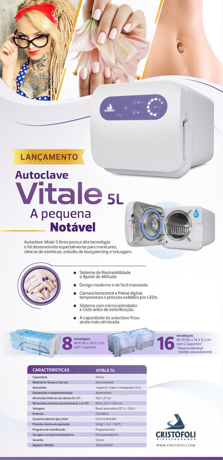 AUTOCLAVE VITALE CLASS 5L INOX 127-220V - LILAS - Auxilium Odonto