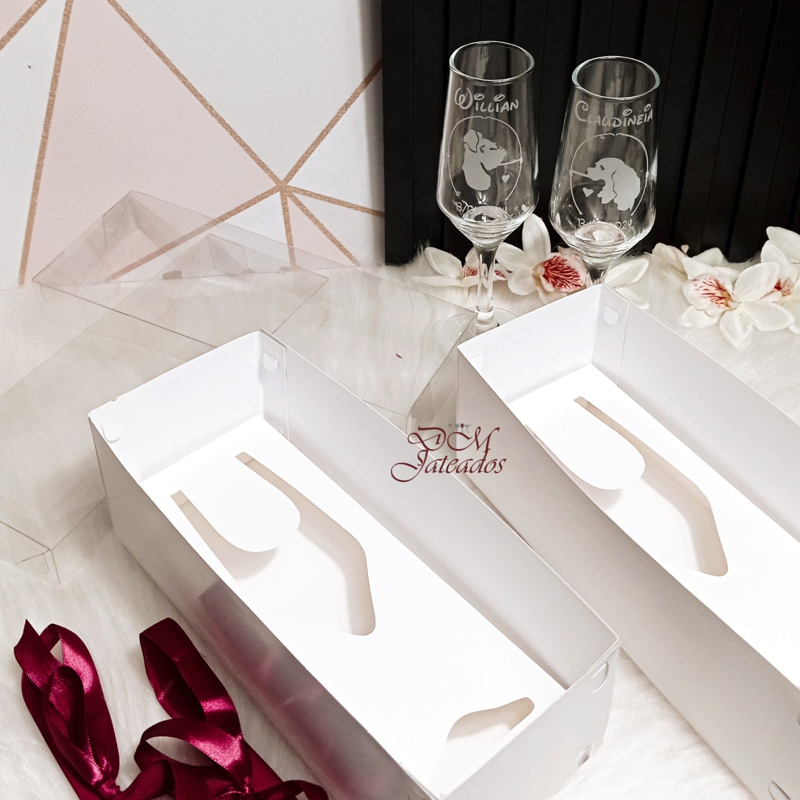 Kit Individual -2 Caixas Branca com Visor + 2 Taça Buffet champanhe Pe ...