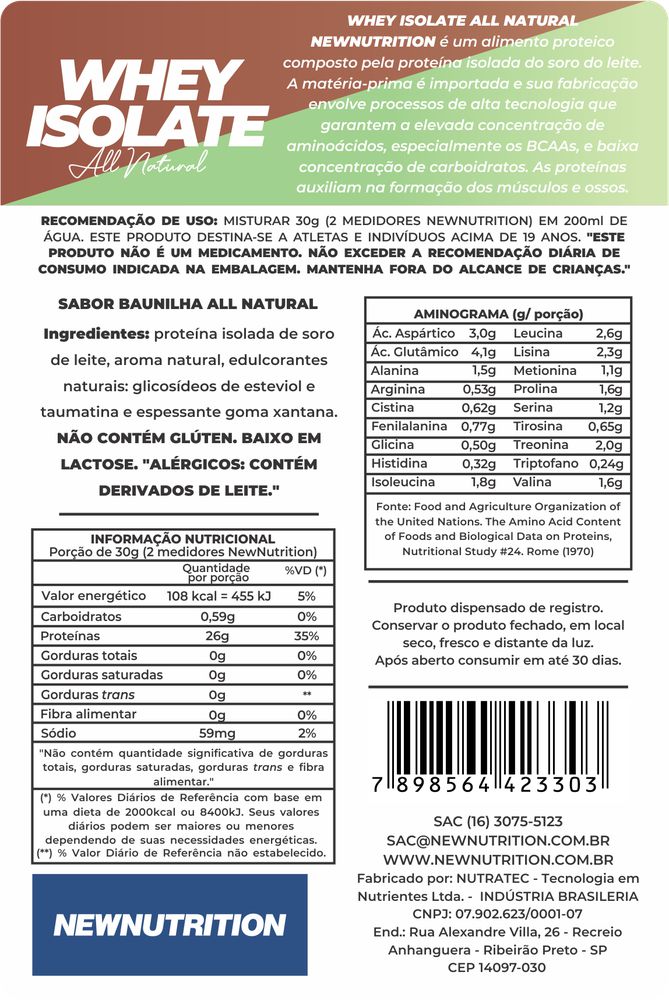 Whey Protein Isolado All Natural - Adoçado com Stevia - Sabor Baunilha ...