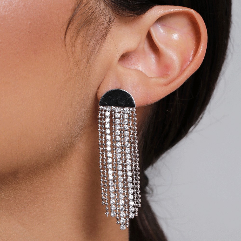 Brinco Longo Meia Lua Franjas Incolor Banho de Ródio Branco - Loja - Veri