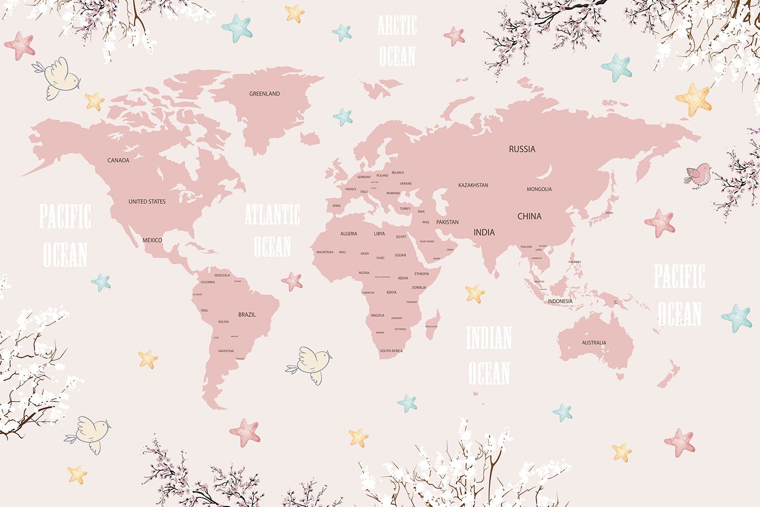 Papel de Parede Infantil de Mapa Mundi Rosa com Flores - Alô Papers