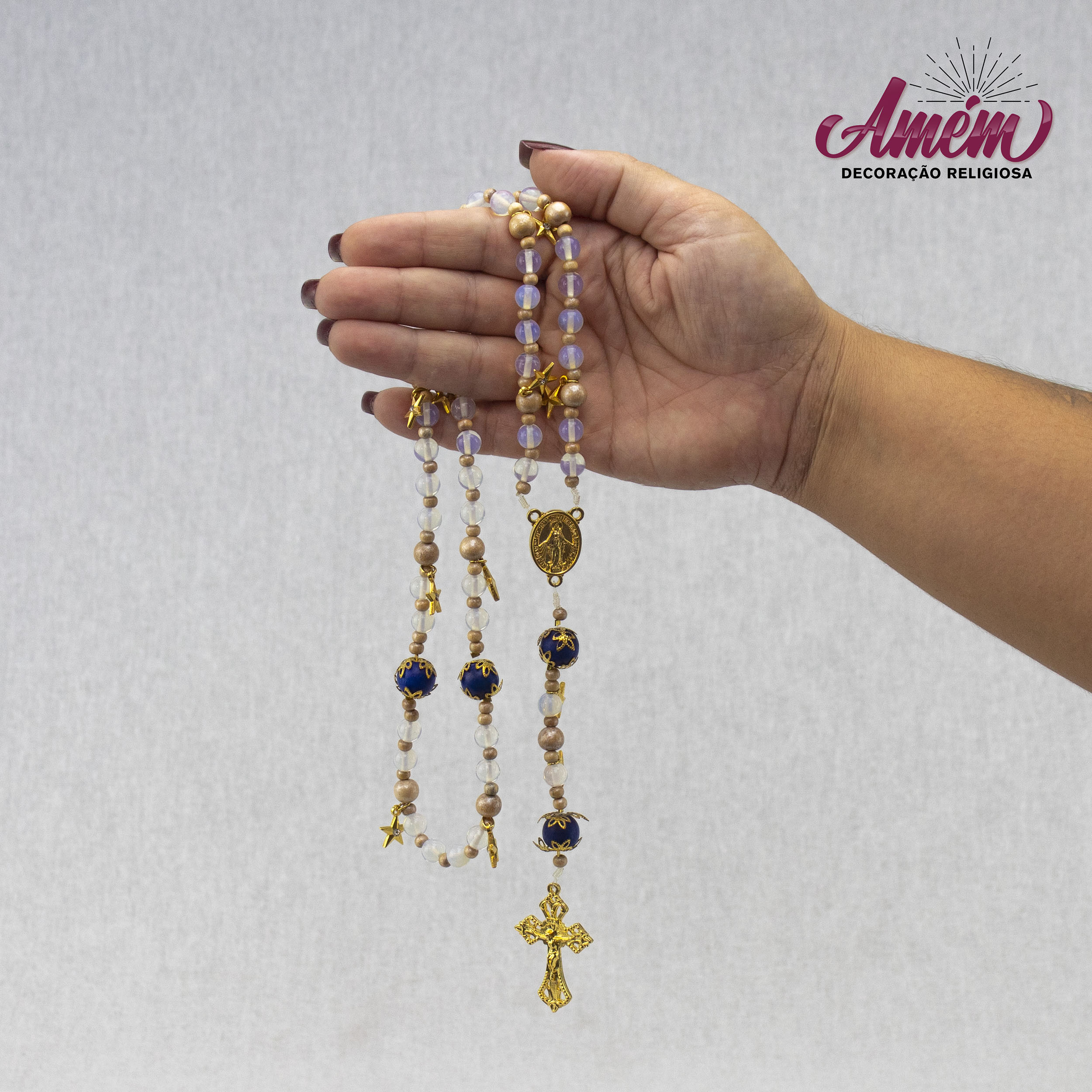 Terço 12 estrelas Nossa Senhora das Graças Madeira 12 mm - Amém ...