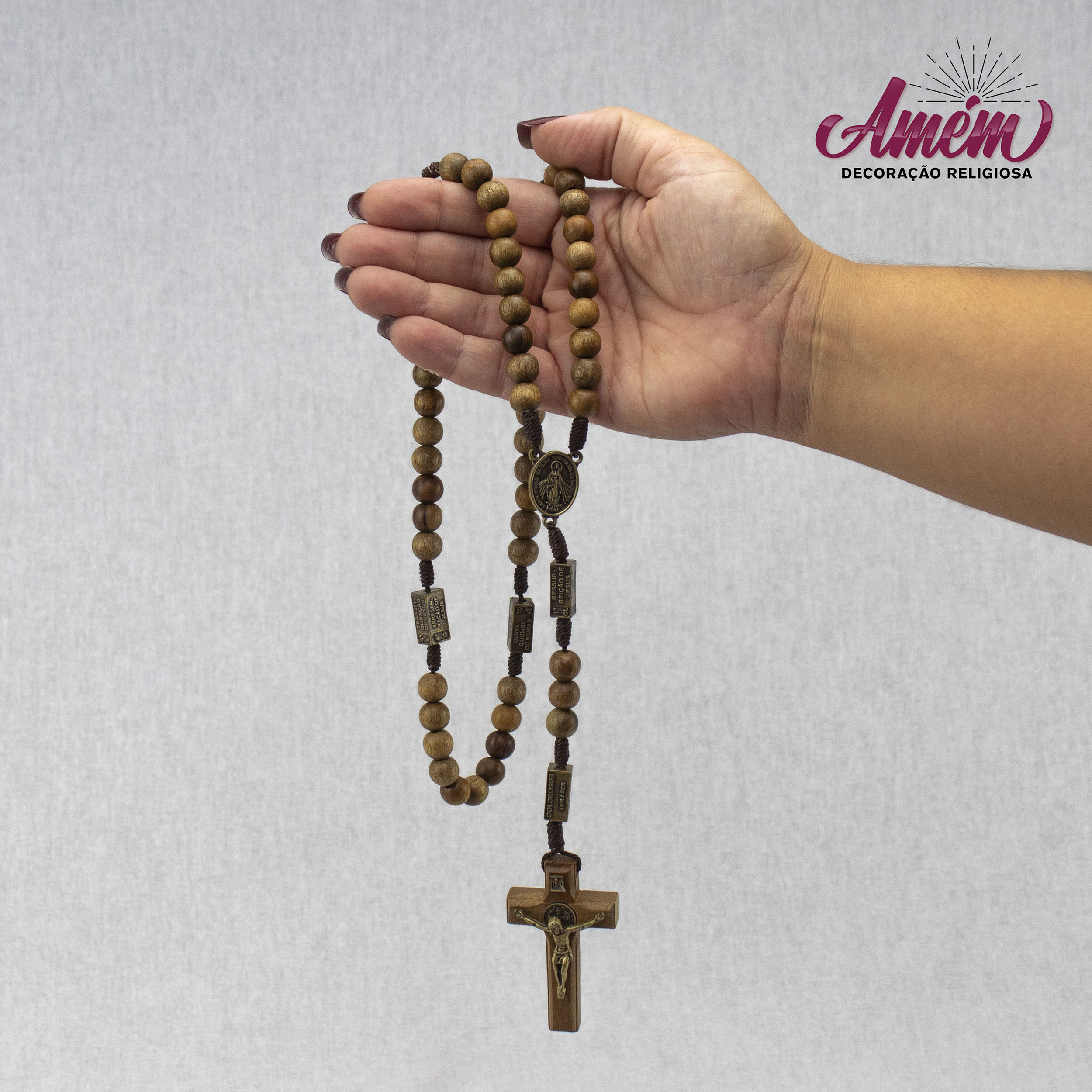 Terço Contemplação dos Mistérios Madeira 10mm - Amém decoração religiosa