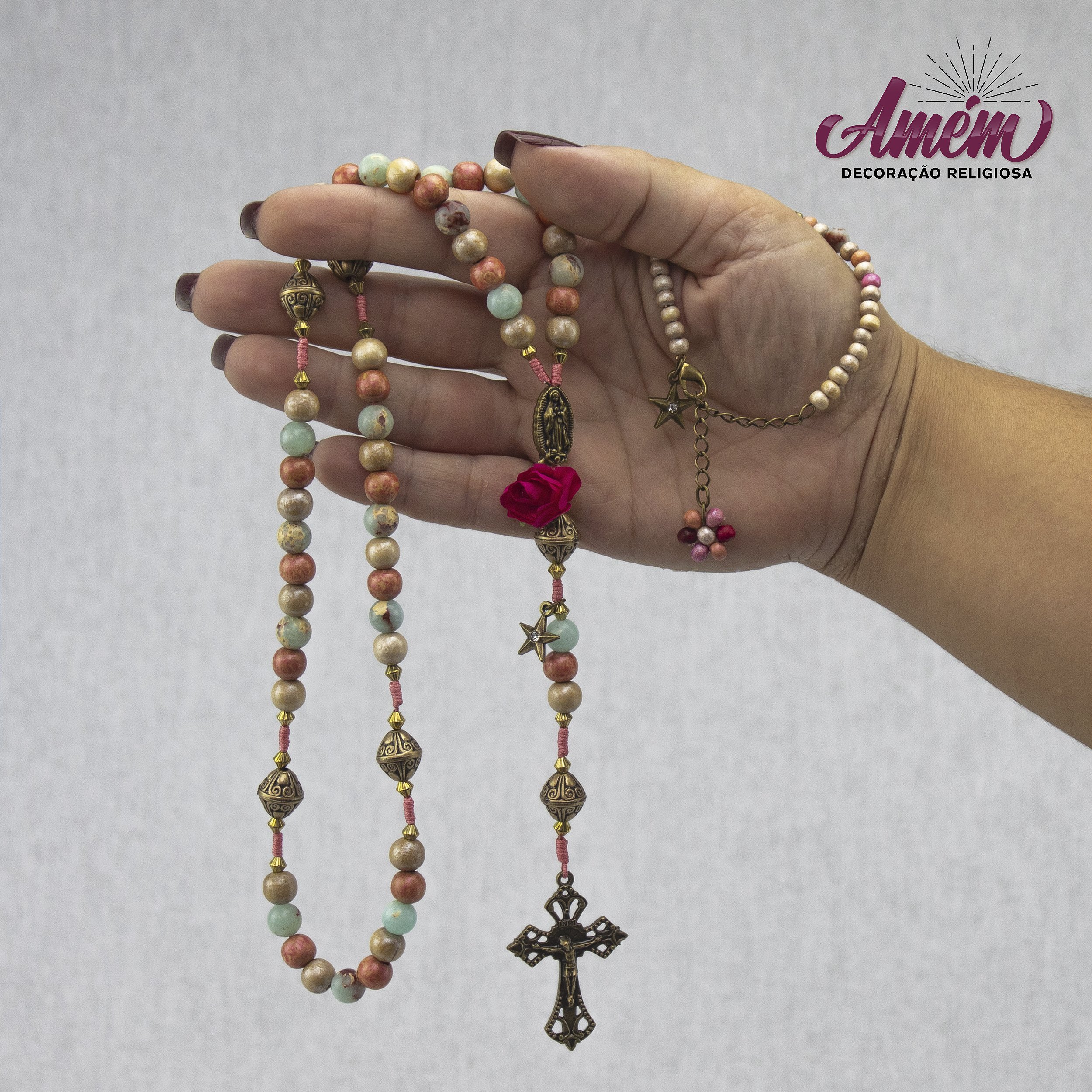 Kit Terço e Pulseira Nossa Senhora de Guadalupe Madeira 8 e 4 mm - Amém ...