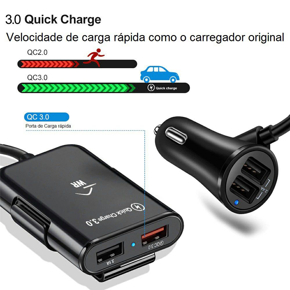 Tomada Carregador USB Veicular Com 4 Saídas Para Carro, Uber, 99, Taxi ...