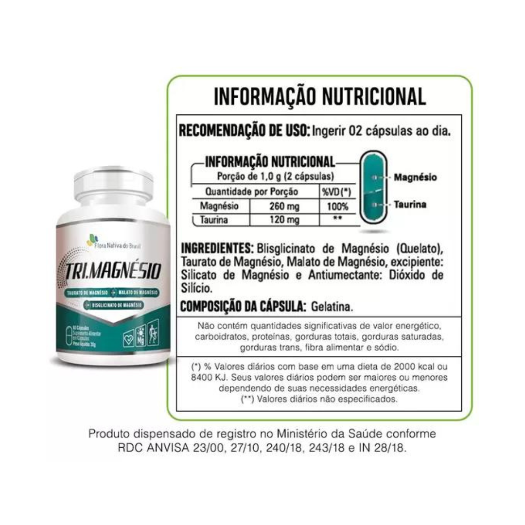 Tri Magnésio (Taurato, Malato, Quelato) 60 cápsulas - Flora Nativa - Natukura Produtos Naturais