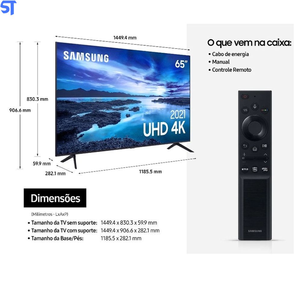 Smart TV 65" UHD 4K Samsung 65AU7700, Processador Crystal 4K, Tela sem ...