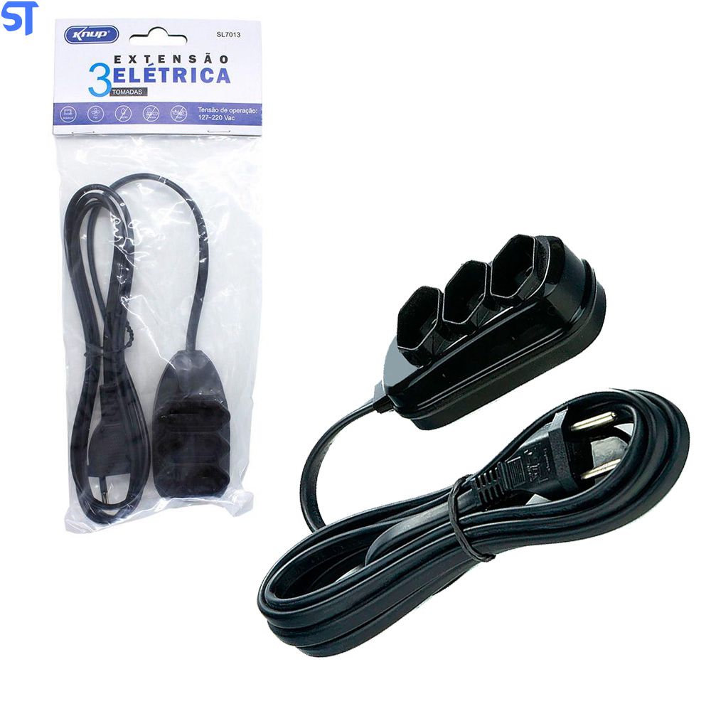 Extensão Elétrica 3 Tomadas 1.5 Metros Knup SL7013 - Preto - SobralTech