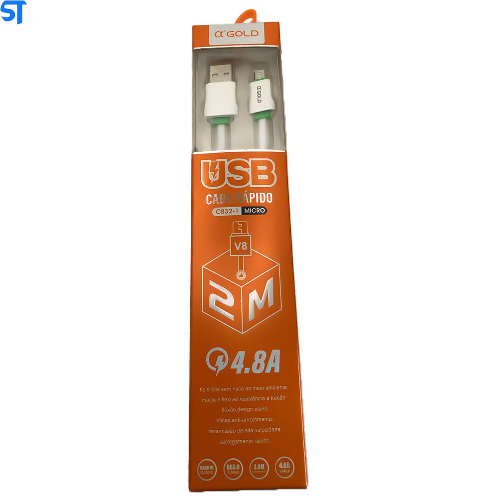 Cabo de USB para V8 A'Gold 4.8A Comprimento 2M- CB32-1 - SobralTech
