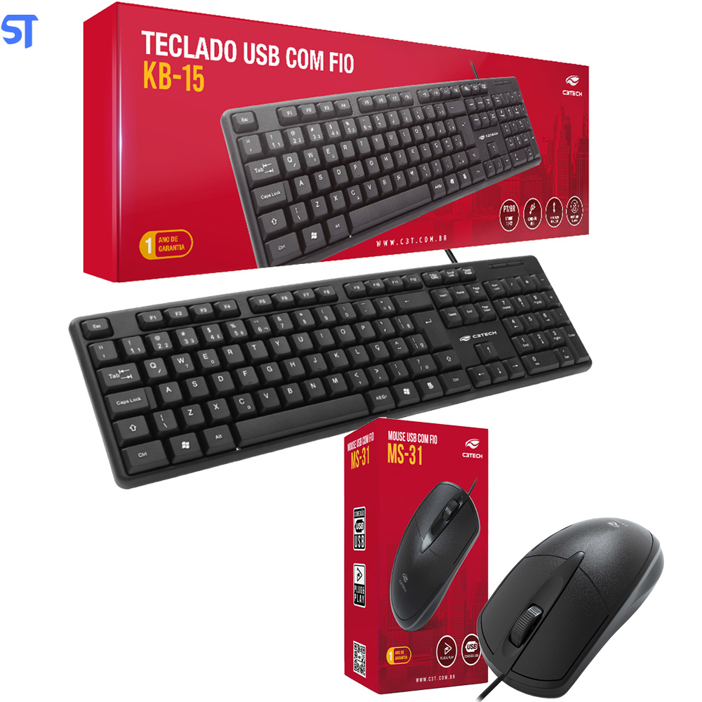Kit Teclado e Mouse USB (KB-15BK 1000 DPi Com MS-31BK ABNT2 ) C3Plus - SobralTech