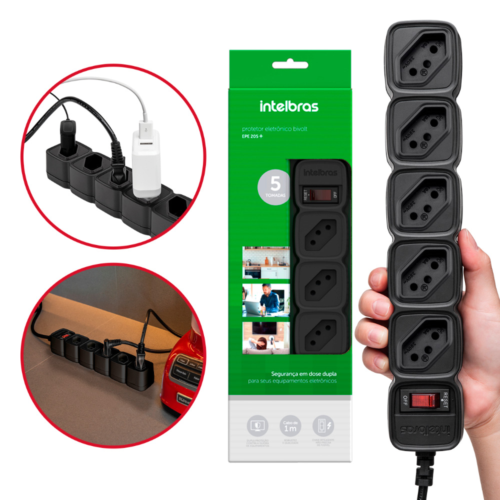Protetor Filtro de Linha Intelbras EPE 205+, 5 Tomadas, Bivolt, Cabo 3 Metros, Preto - SobralTech