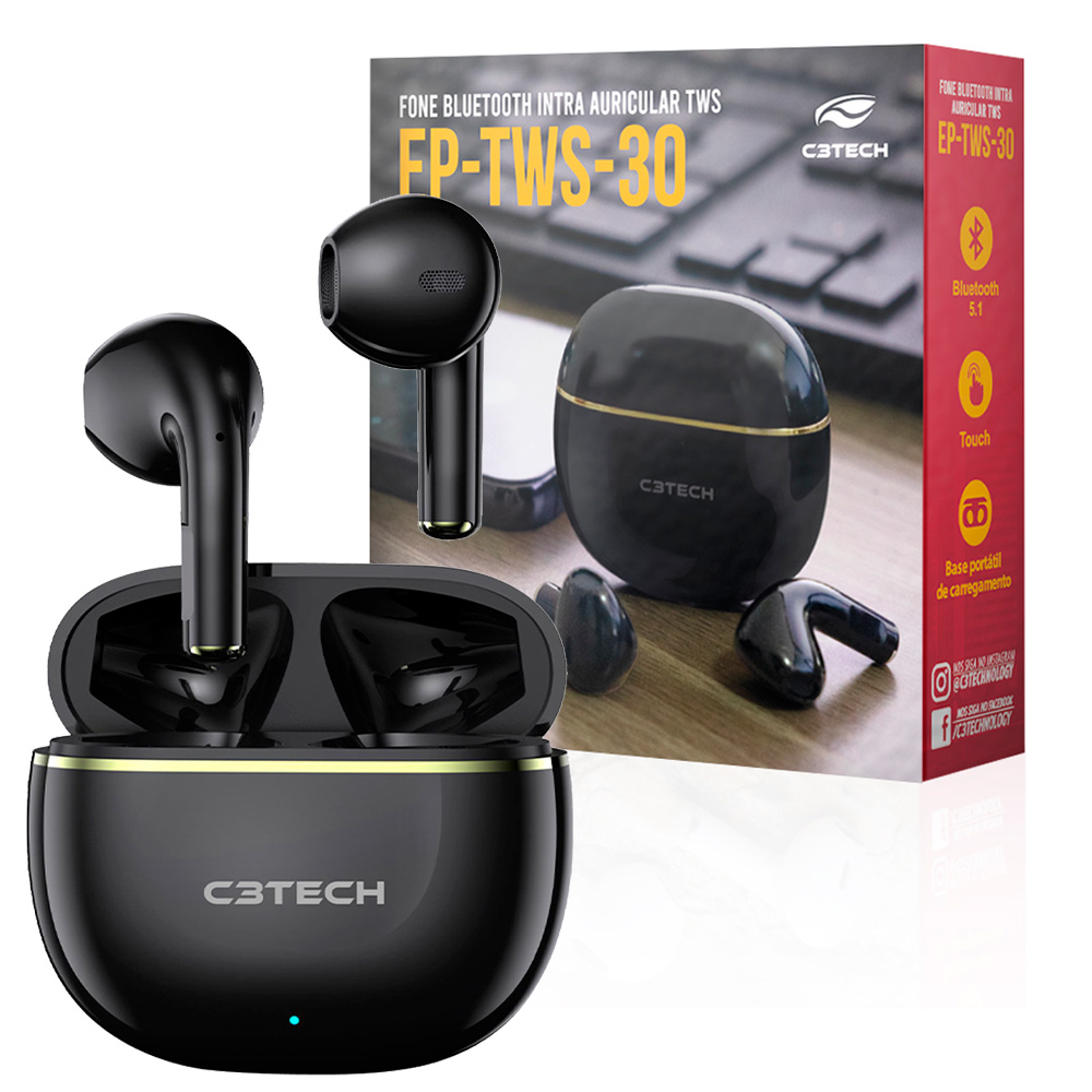 Fone de Ouvido C3Tech Sem Fio, Intra-Auricular, Bluetooth 5.1, Microfone Integrado, EP-TWS-30BK ...
