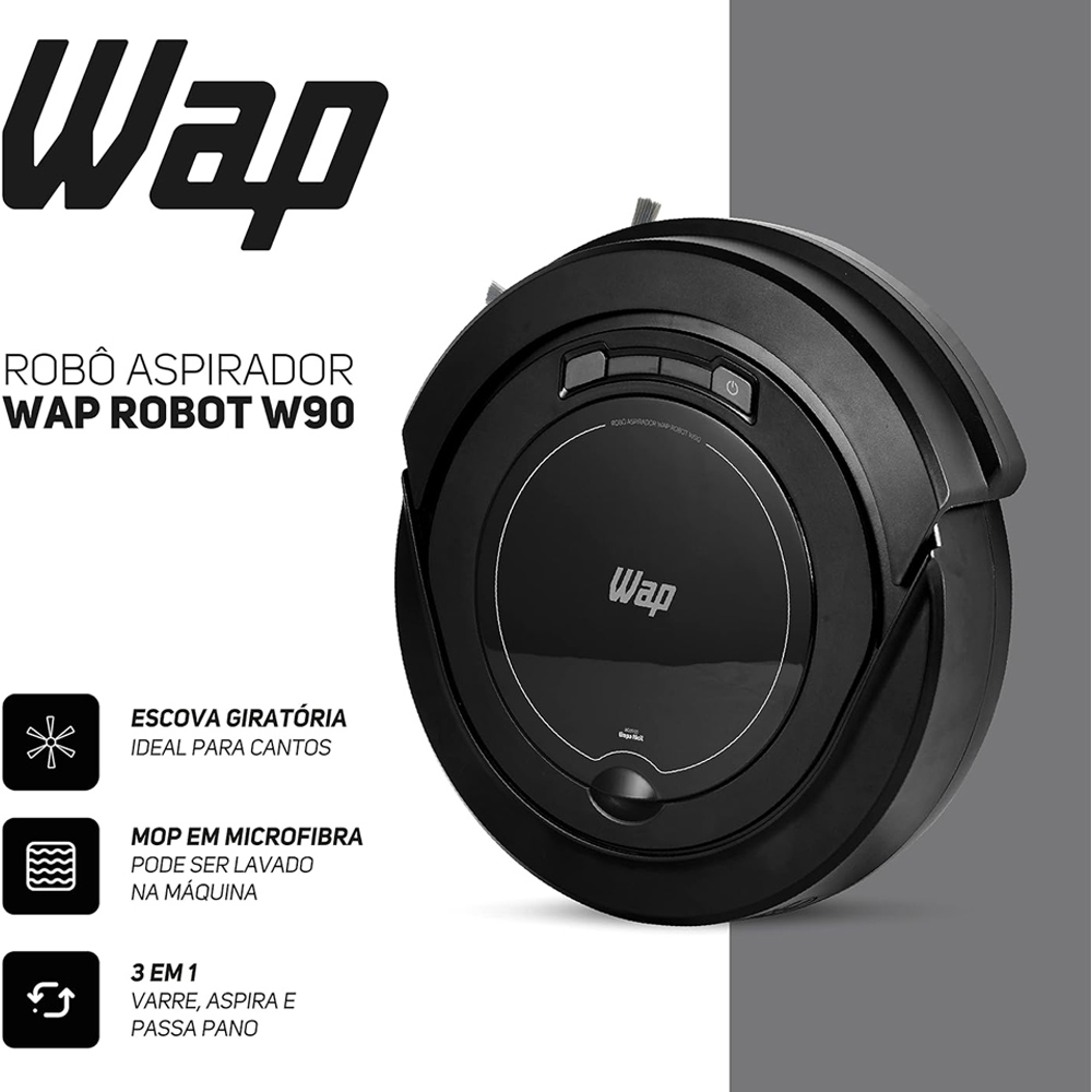 Robô Aspirador de Pó, WAP W90, Automático 3 em 1 Varre, Aspira, Passa Pano, MOP Limpeza, 30W ...