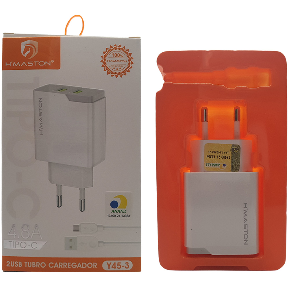 Carregador Tipo-C Turbo H'maston, Tipo-C, 4.8A, Com Duas Entradas, Y45-3 -Branco - SobralTech