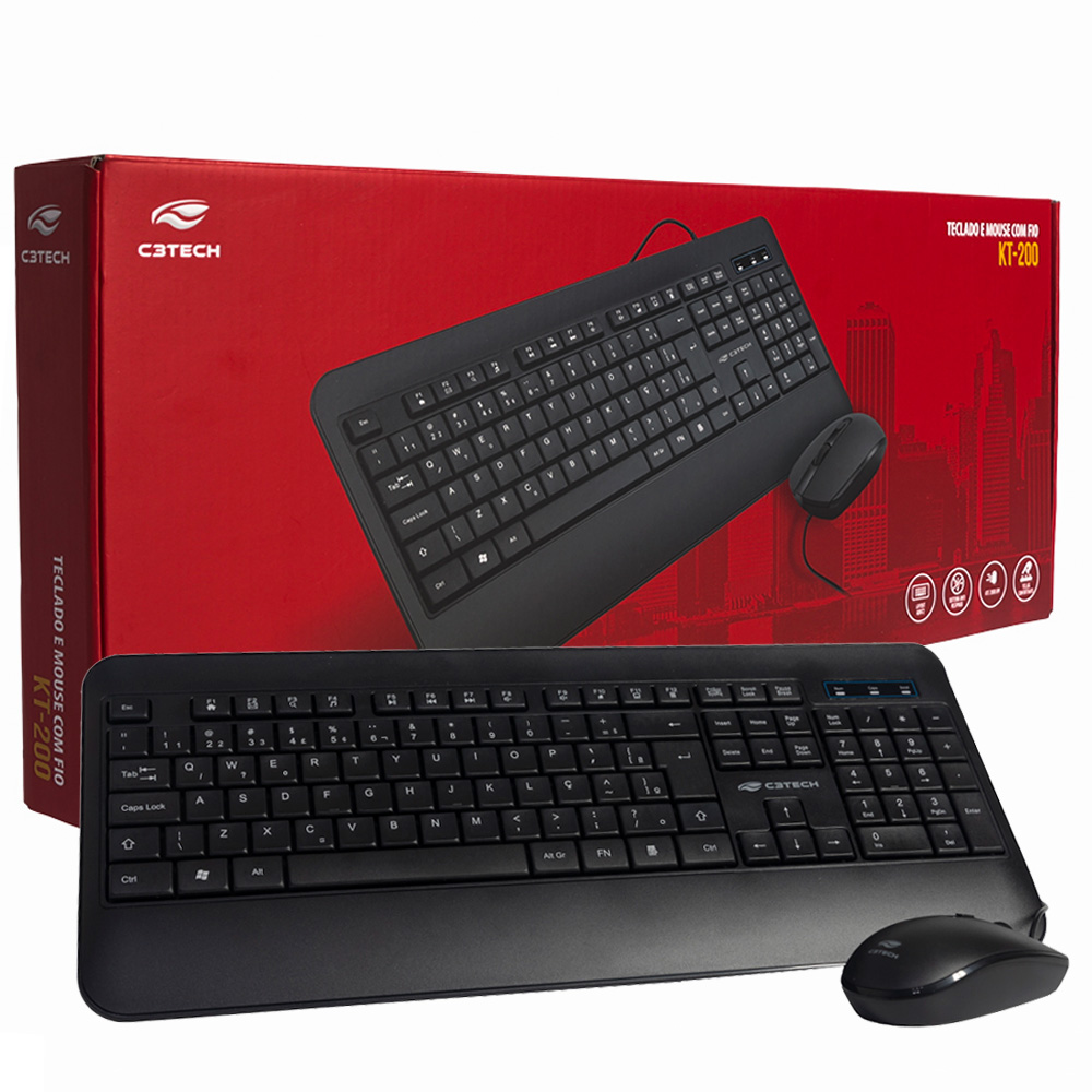 Kit Teclado e Mouse Com Fio USB, KT-200BK, Mouse 2.000 DPI, Teclado Membrana, C3Tech, Preto ...
