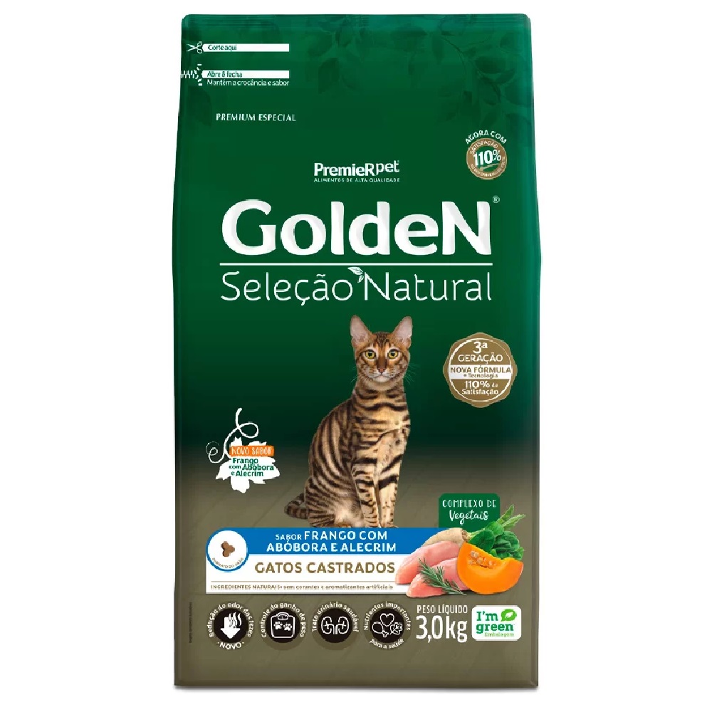 Ração Golden Gatos Seleção Natural Castrados Sabor Frango Com Abóbora e ...