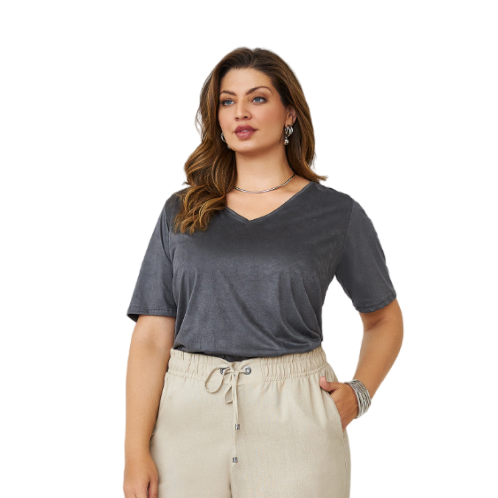 Blusa Realist Manga Curta Em Suede Plus Size - Empório da Moda
