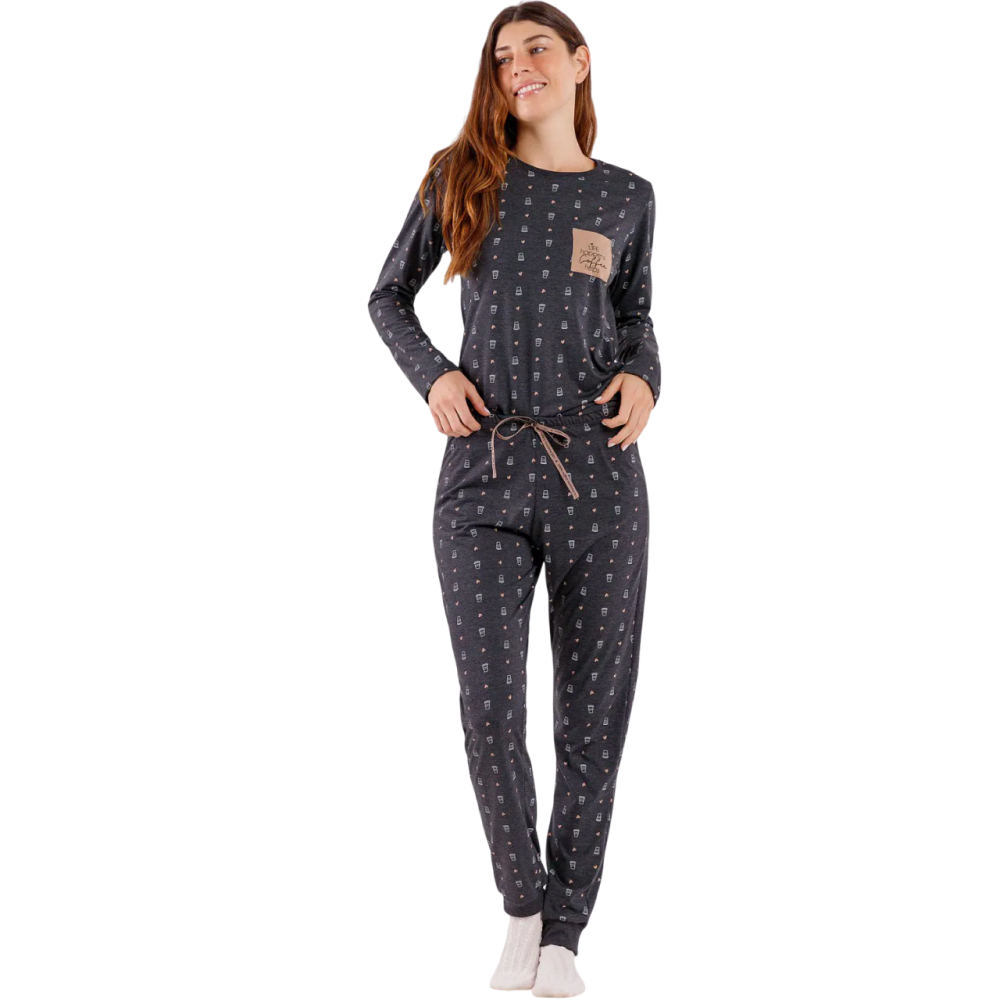Pijama Cor Com Amor Manga Longa com Calça - Empório da Moda