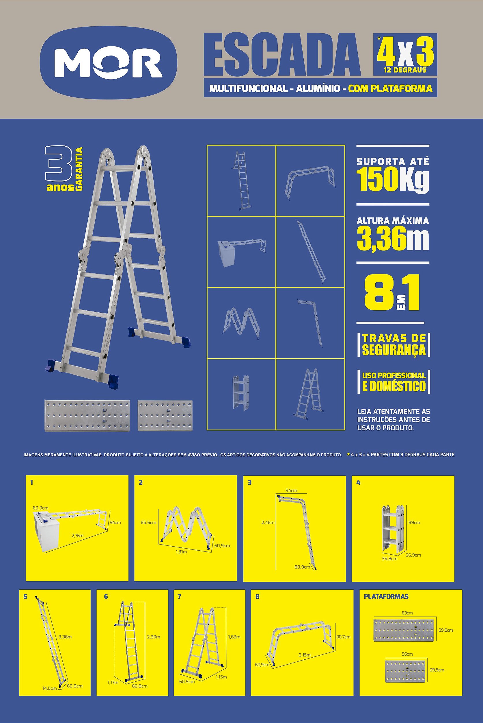 Escada Articulada Multifuncional 4x3 12 Degraus Alumínio Plataforma ...