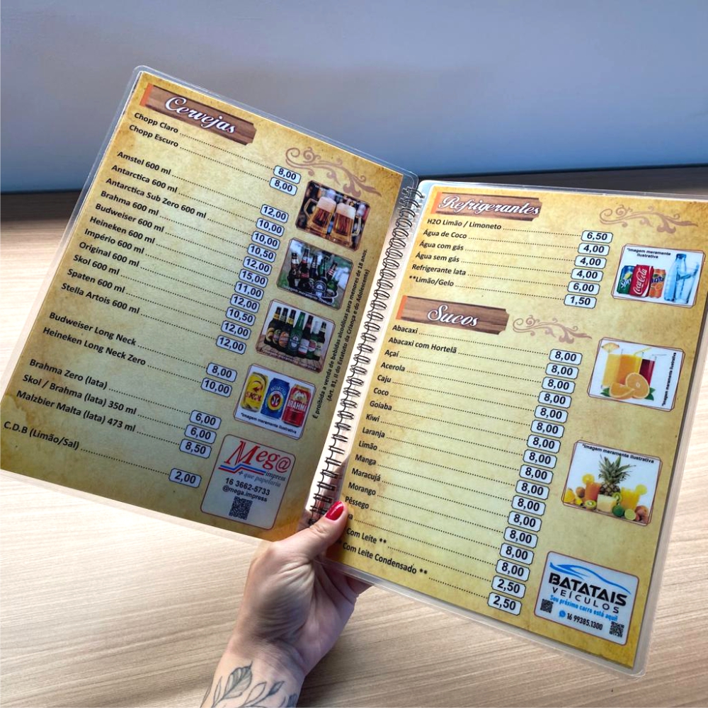 Cardápio Plastificado Personalizado 21cmx30cm A4 Encadernado - MEGA ...