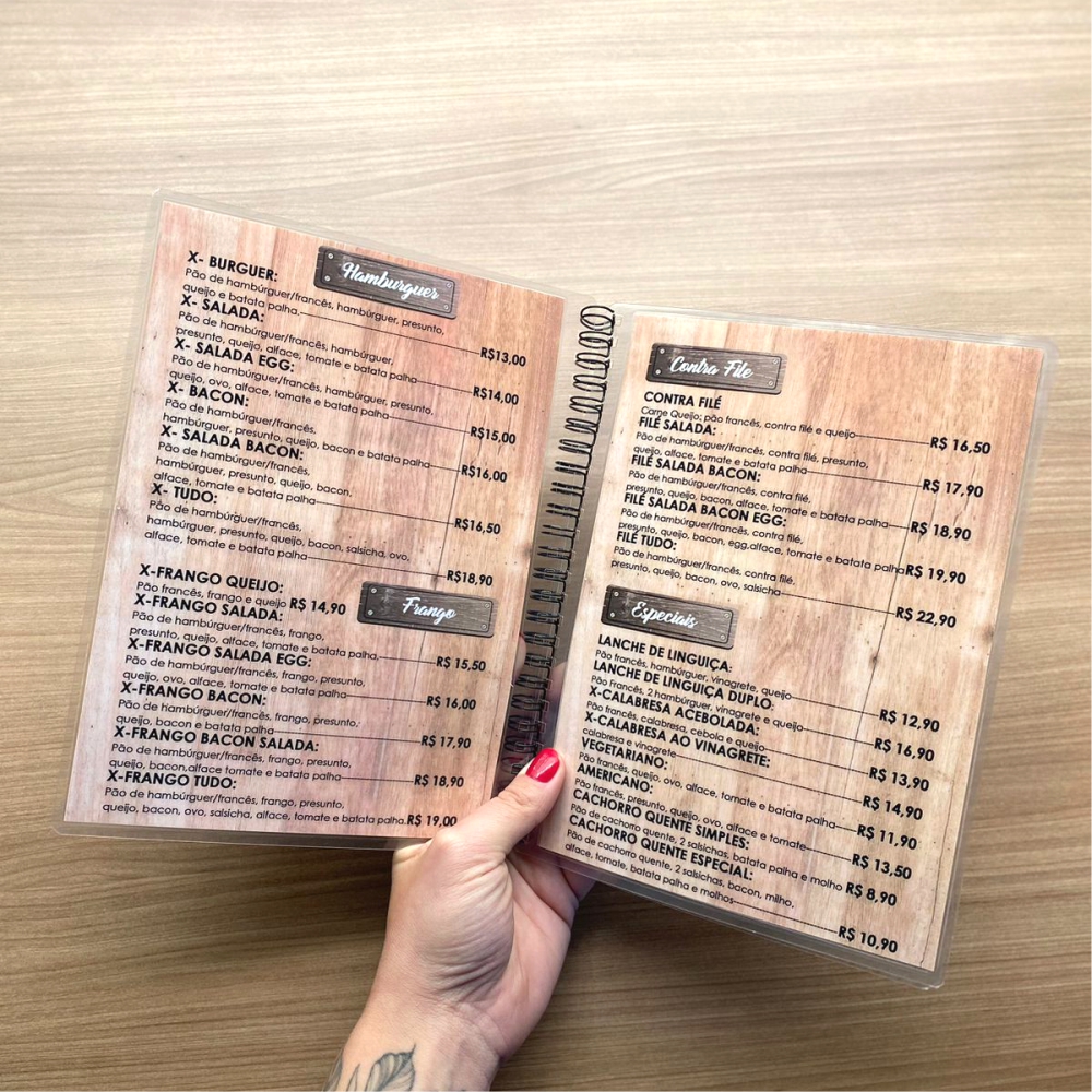 Cardápio Plastificado Personalizado 13,8cmx20cm A5 Encadernado - MEGA ...