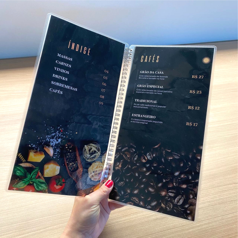 Cardápio Plastificado Personalizado 13,5cmx30cm Encadernado - MEGA ...