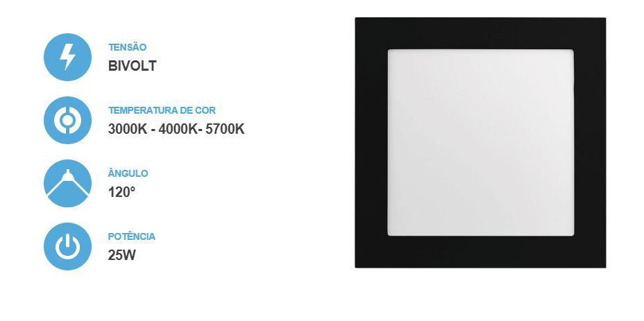 LUMINARIA DE EMBUTIR 25W QUADRADO 300X300 1850LM Bracno Frio 5700K JET ...