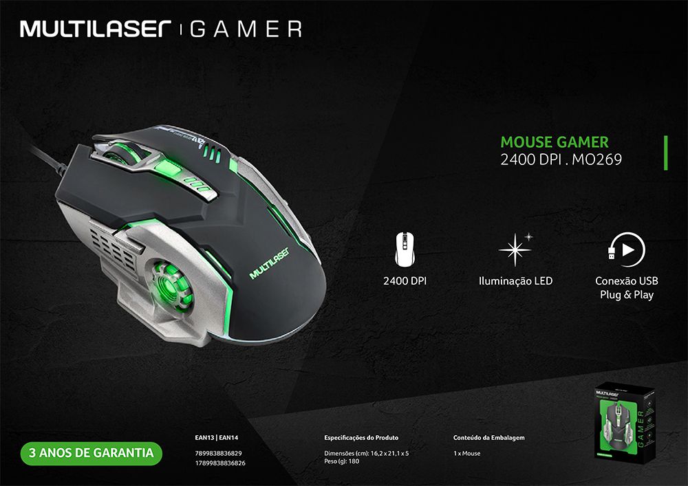 Mouse Gamer Multilaser 2400 Dpi MO269 Preto e Grafite - Casa Vieira
