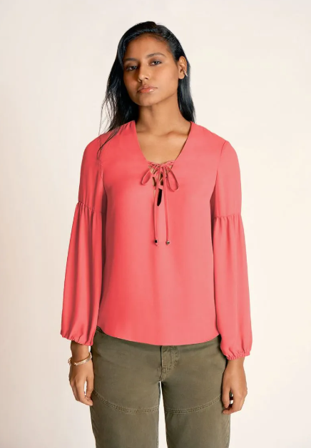 Blusa Zinco Decote V Manga Longa Com Amarração Rosa - LaCore