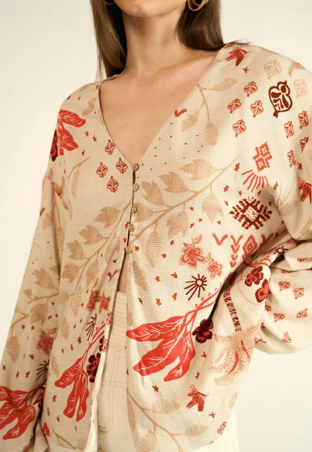 Blusa Zinco Decote V Manga Longa Com Botão Cru - LaCore