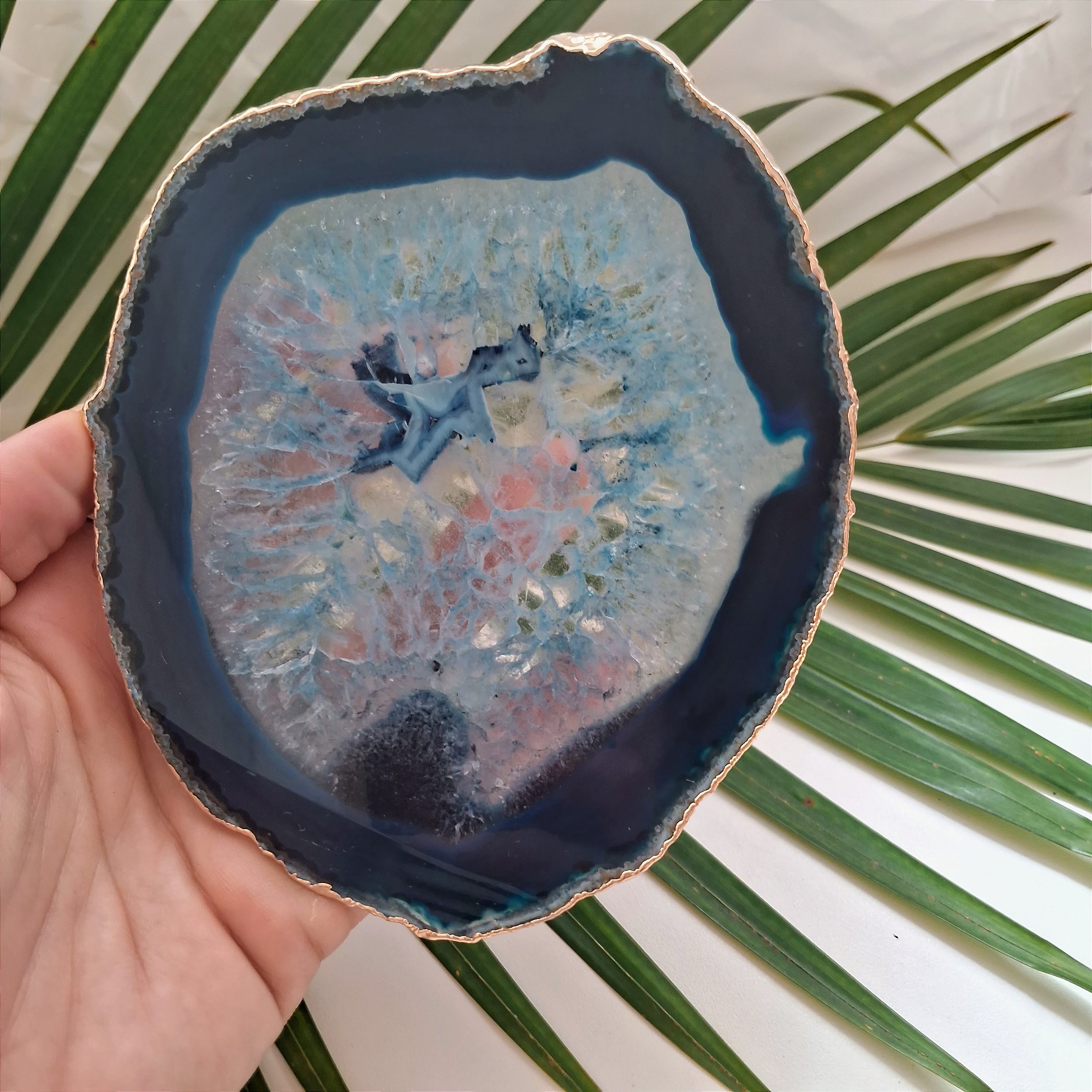 Chapa Ágata Azul - Borda Dourada - Patuá Cristais