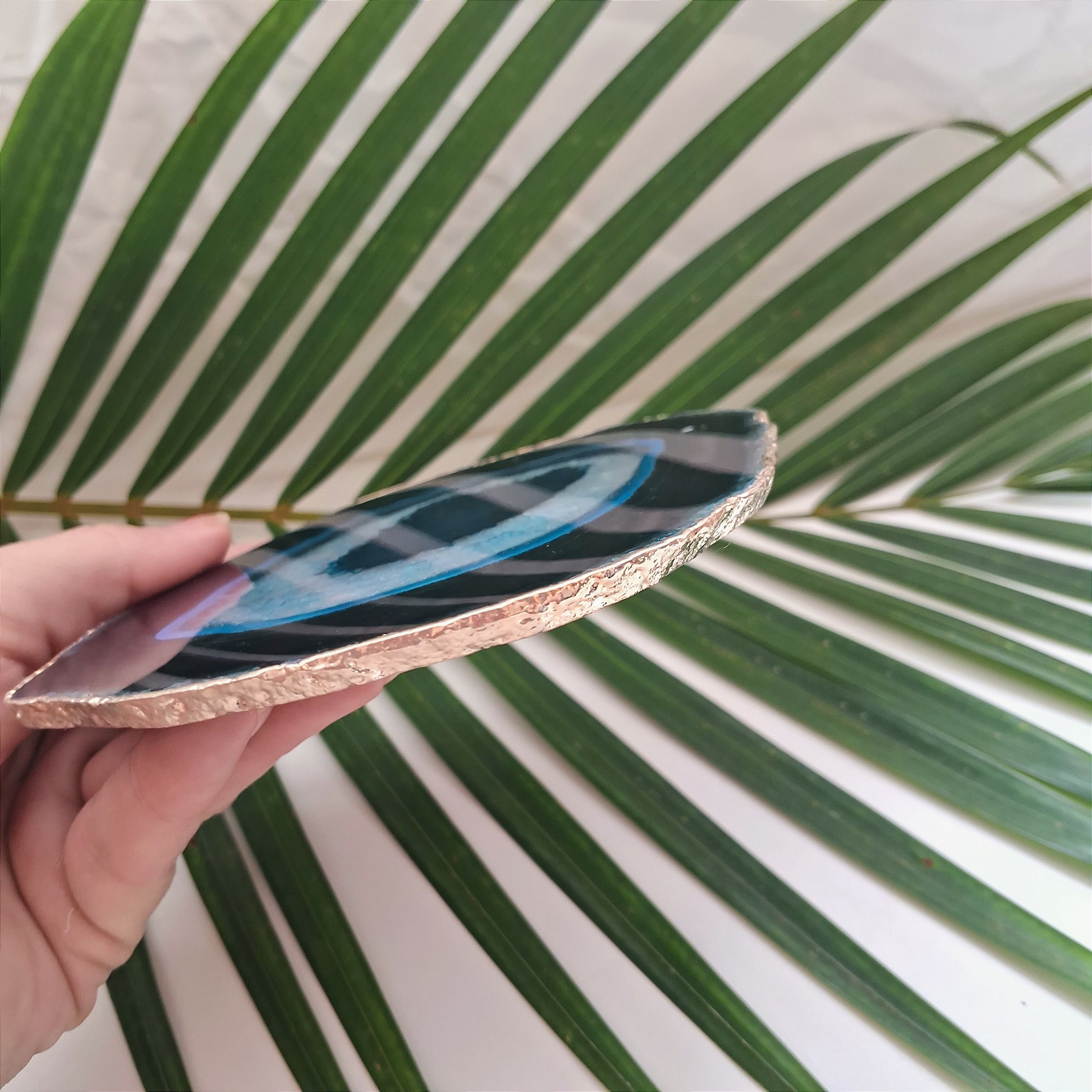 Chapa Ágata Azul - Borda Dourada - Patuá Cristais