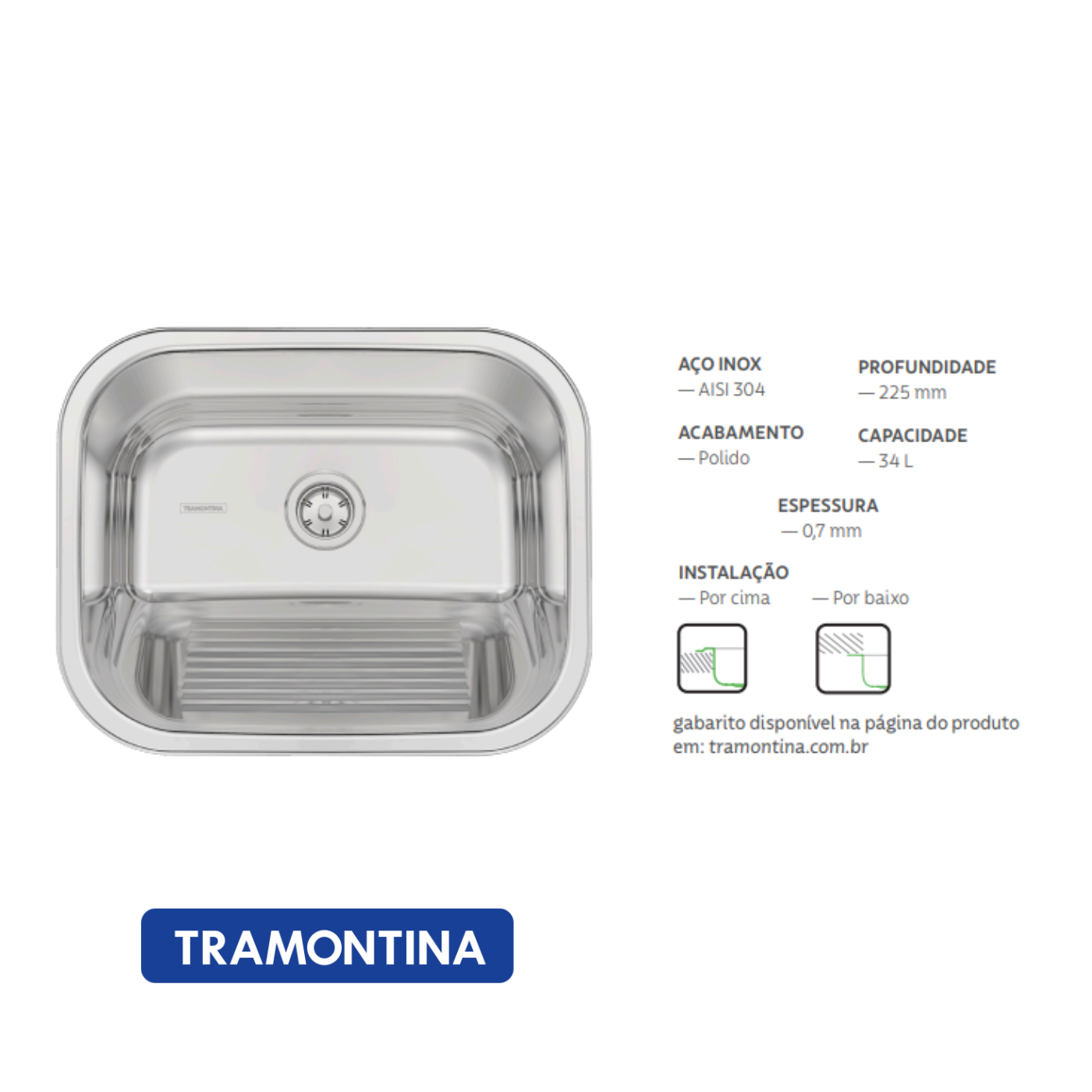 Tanque Embutir Inox Polido 50x40 94400/407 Tramontina - Santa Rita Casa