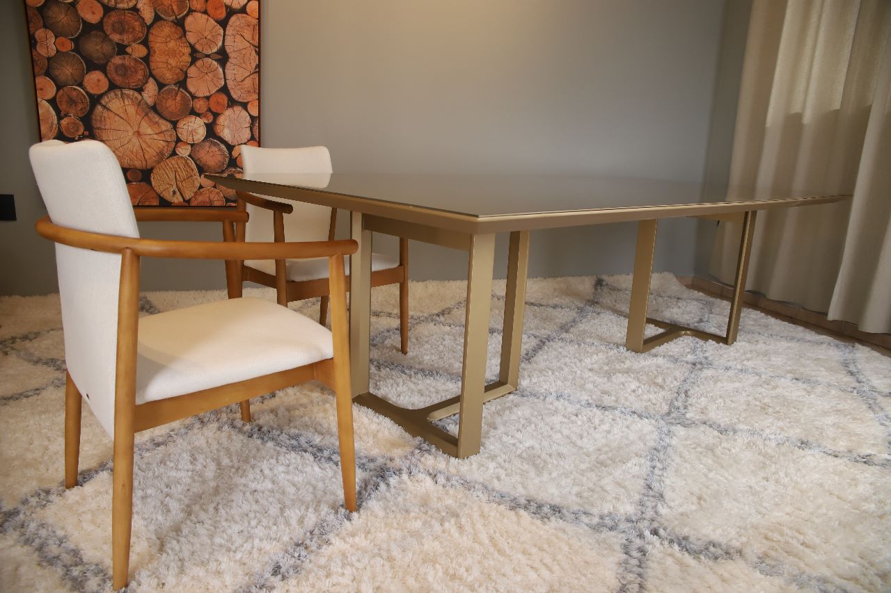 MESA TRIL 2,60X1,20 COM VIDRO - DOURADO - Casa Guido - Especialista em ...