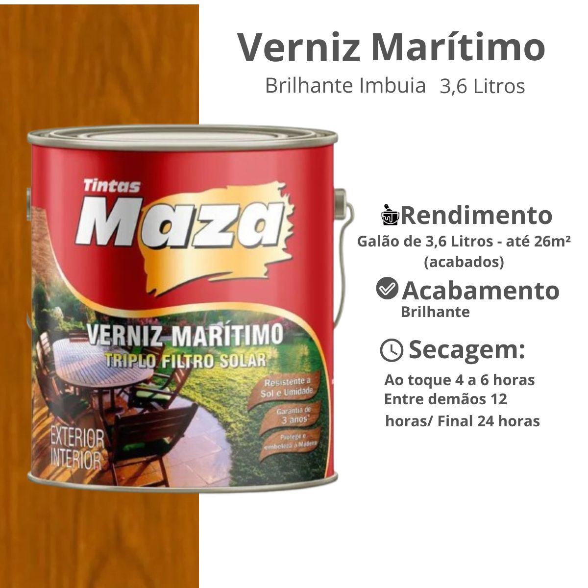 Verniz Imbuia 3,6L Brilhante Marítimo P/Madeira MAZA - Casarin Home