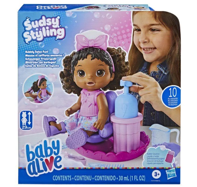 Boneca Baby Alive Sudsy Styling Negra F6147 - Hasbro - Happily Brinquedos