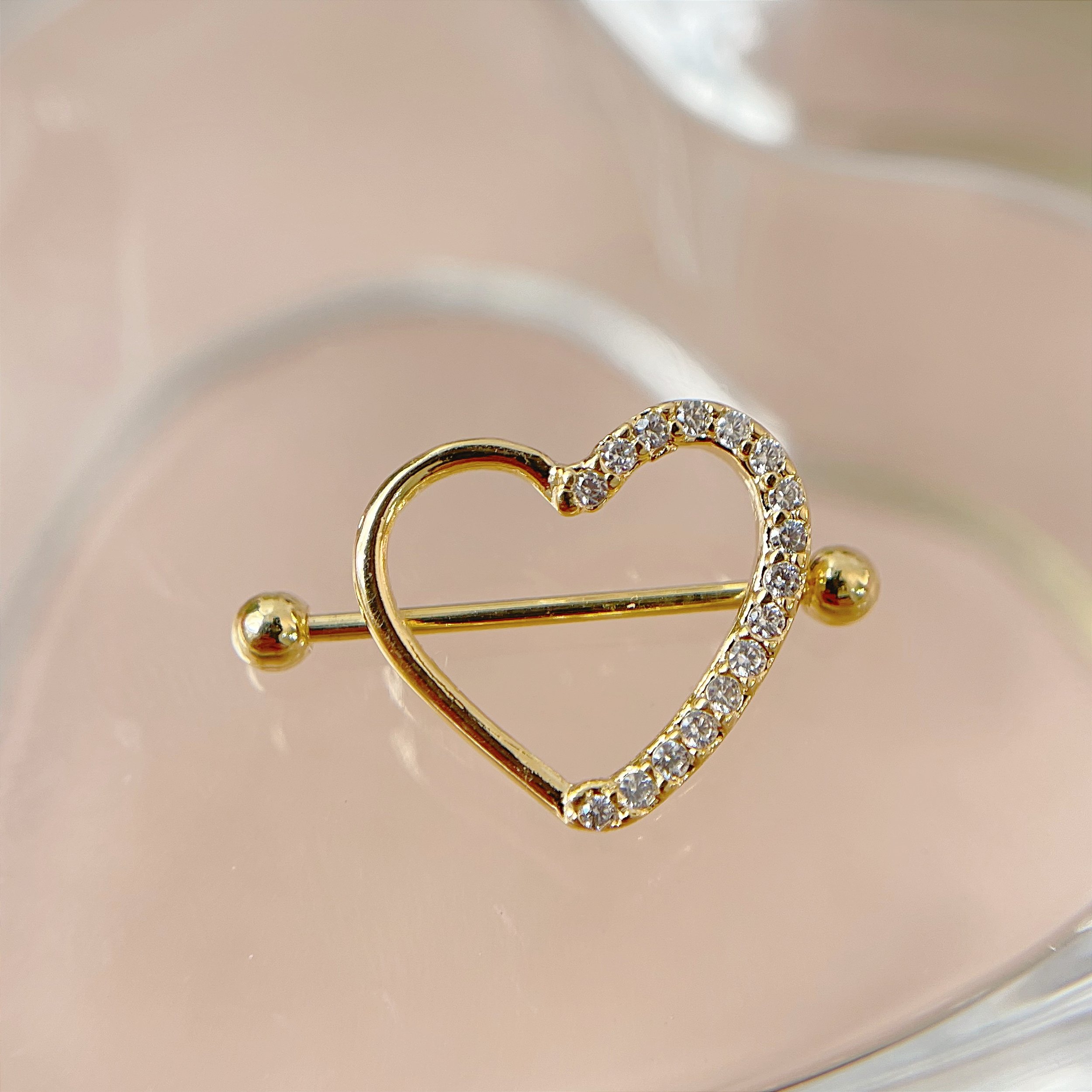 PIERCING MAMILO AÇO 316L CORAÇÃO ZIRCÔNIA 15MM FOLHEADO A OURO 18K ...
