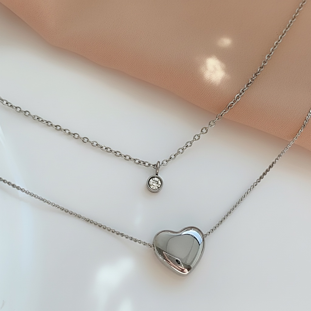 COLAR DUPLO CORAÇÃO E PONTO DE LUZ AÇO 316L⭐️ - Mania de Biju ...
