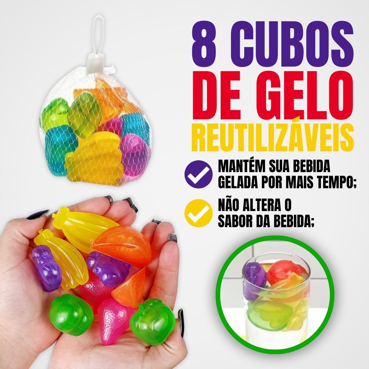 8 Cubos de Gelo Reutilizáveis de Frutas - Patricinha