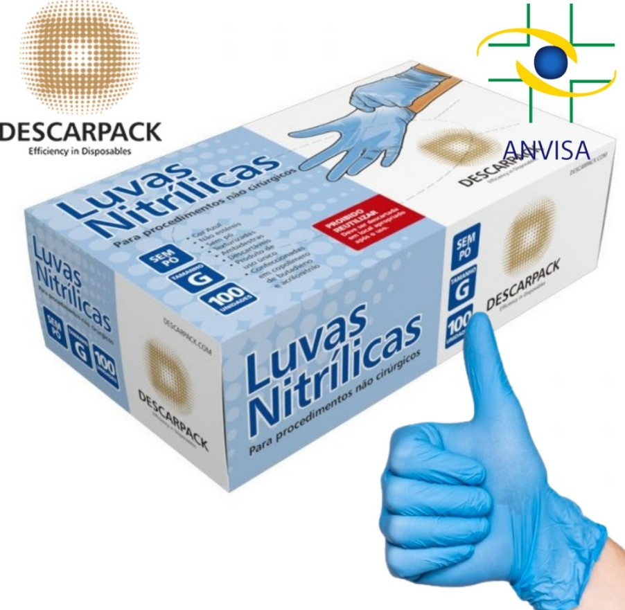 Luva de Procedimento Nitrílica Azul (Tam: G) S/Pó Caixa C/100 Unidades ...