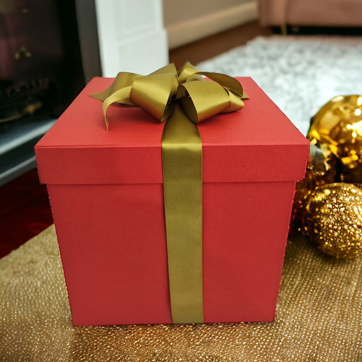 Caixa de Presente 25x25x25 Cartonada Vermelha Laço Dourado - CraftImbui