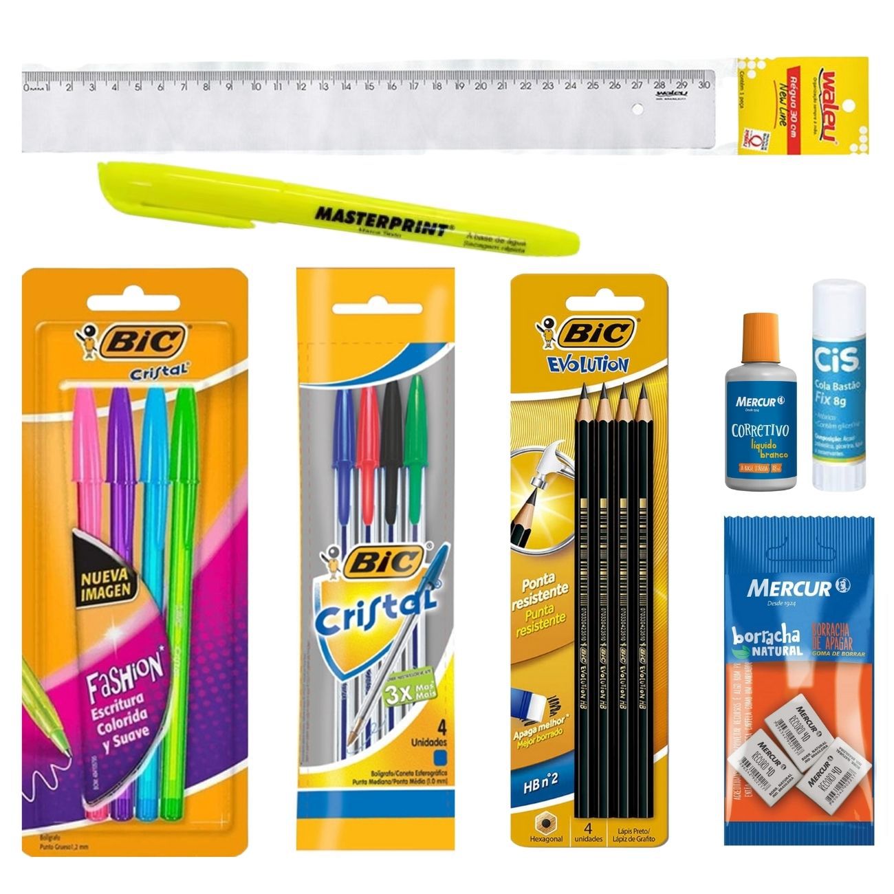 Kit Material Escolar Voltas Aulas Escrita 19 itens Caneta Borracha ...