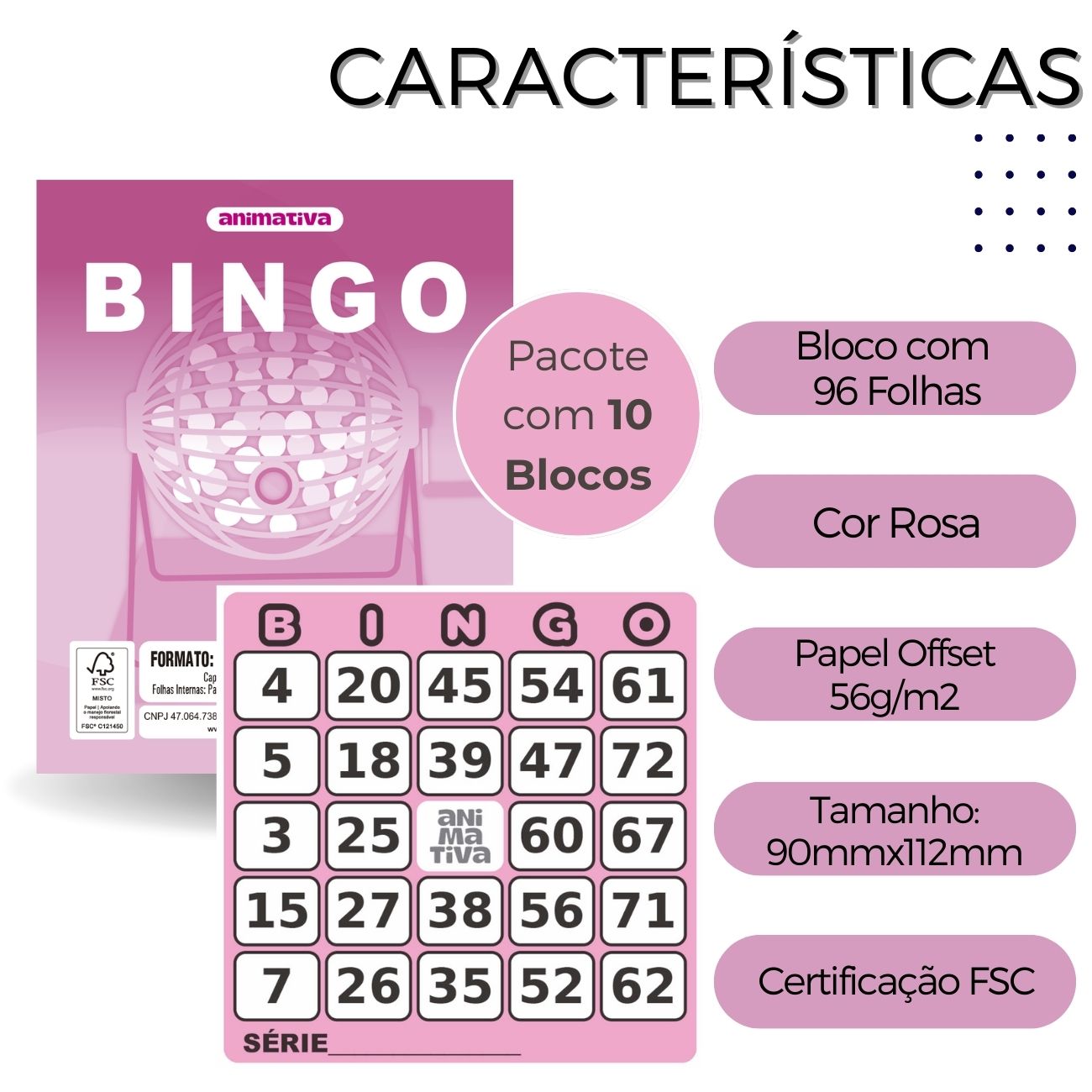 Bloco Cartela para Bingo 96 folhas Cor Rosa Pacote com 10 Blocos ...