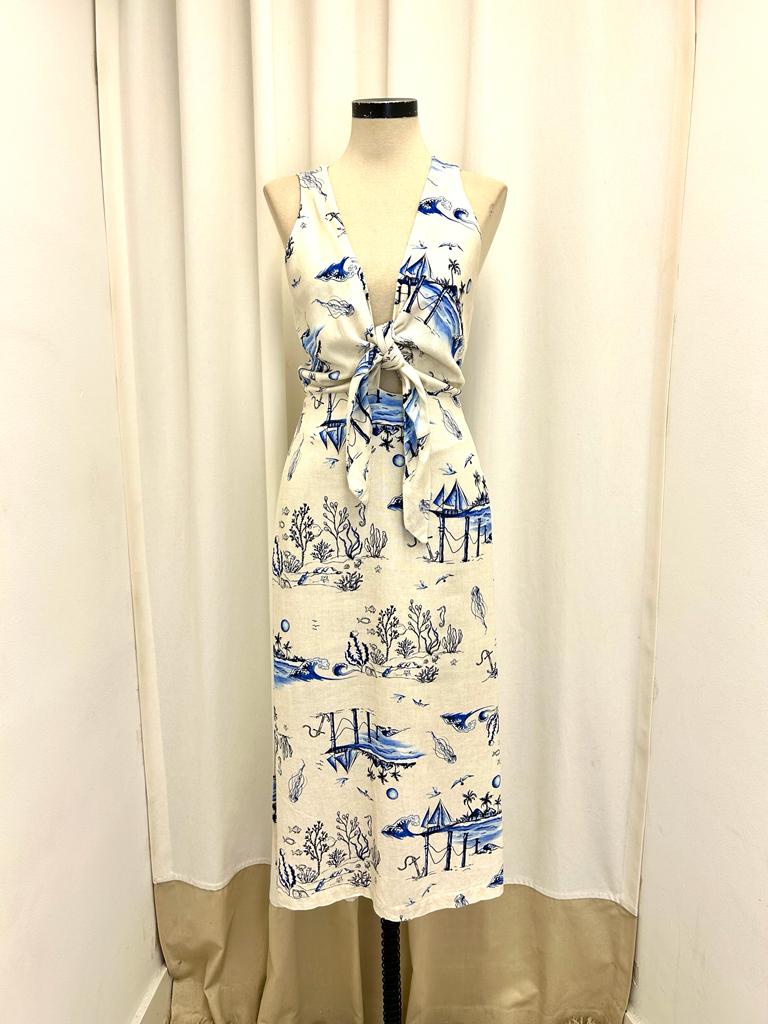 Leeloo Vestido Linho Off White Estampa Azul 40 Second Hand Brecho