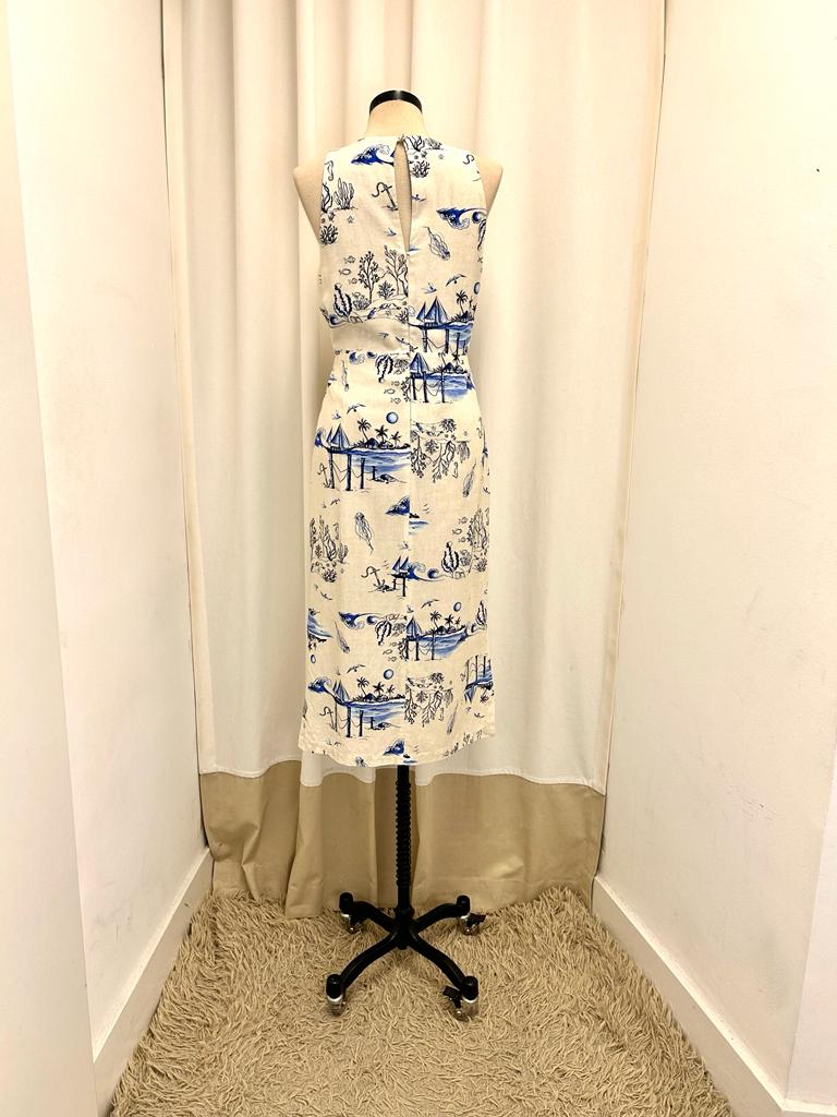 Leeloo Vestido Linho Off White Estampa Azul 40 Second Hand Brecho