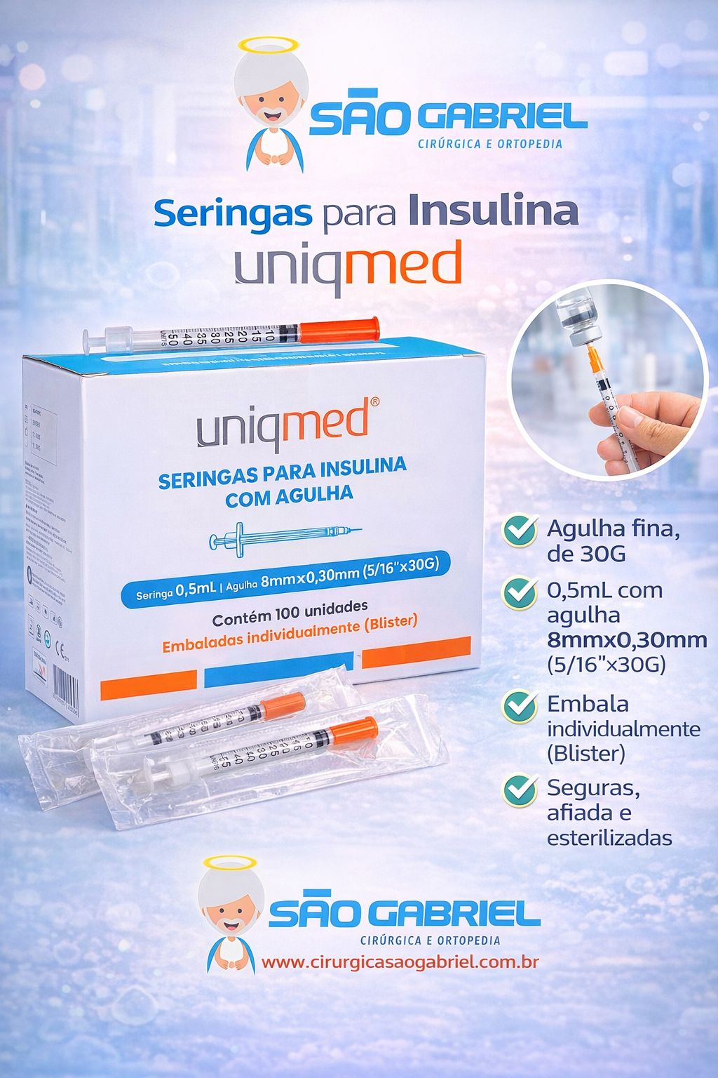Seringas para insulina 0,5ml - 8mm x 0,30mm pct c/10unid. - Cirúrgica ...